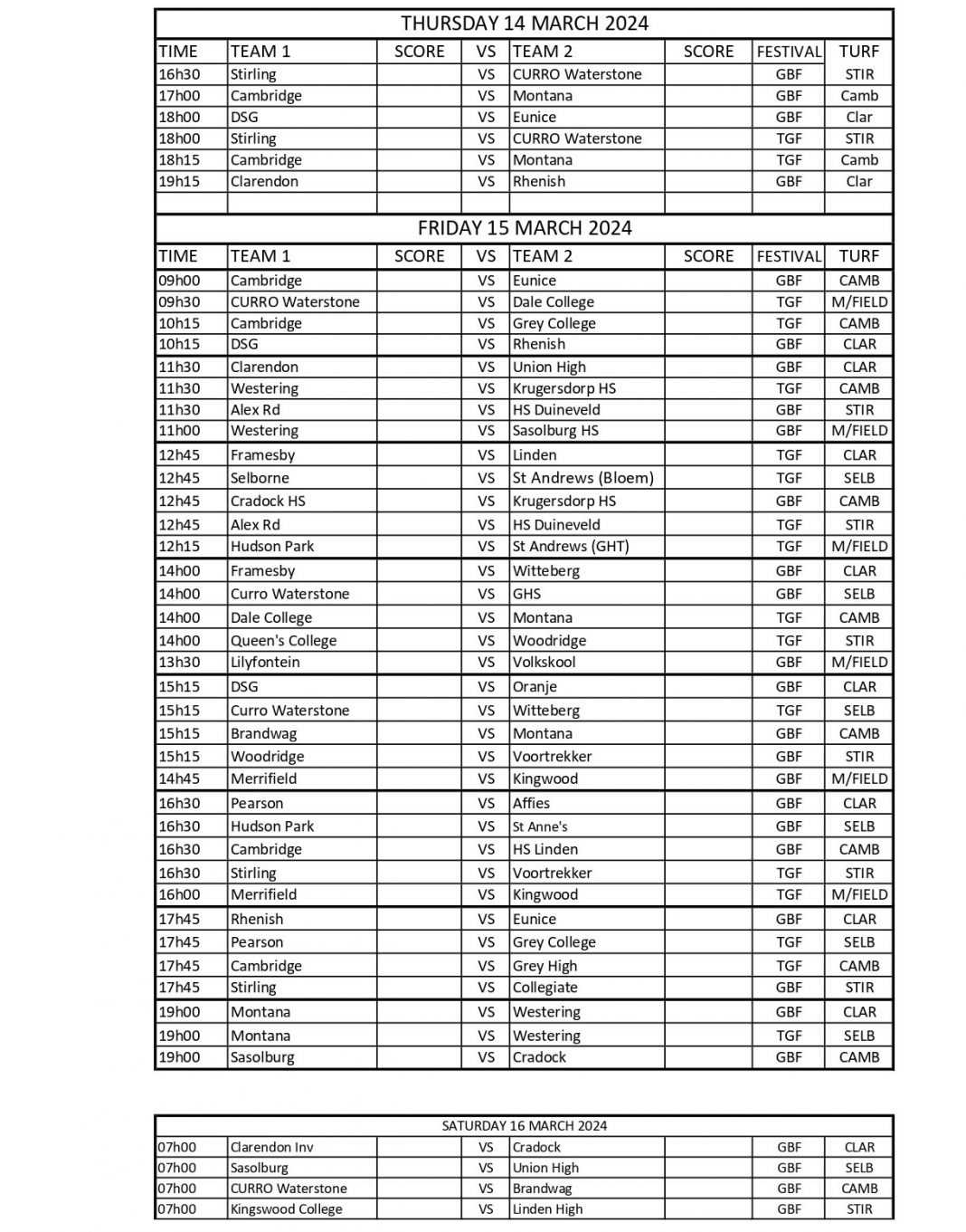 Greg Beling and Tony Godding Hockey Festival Fixtures - SA School Sports